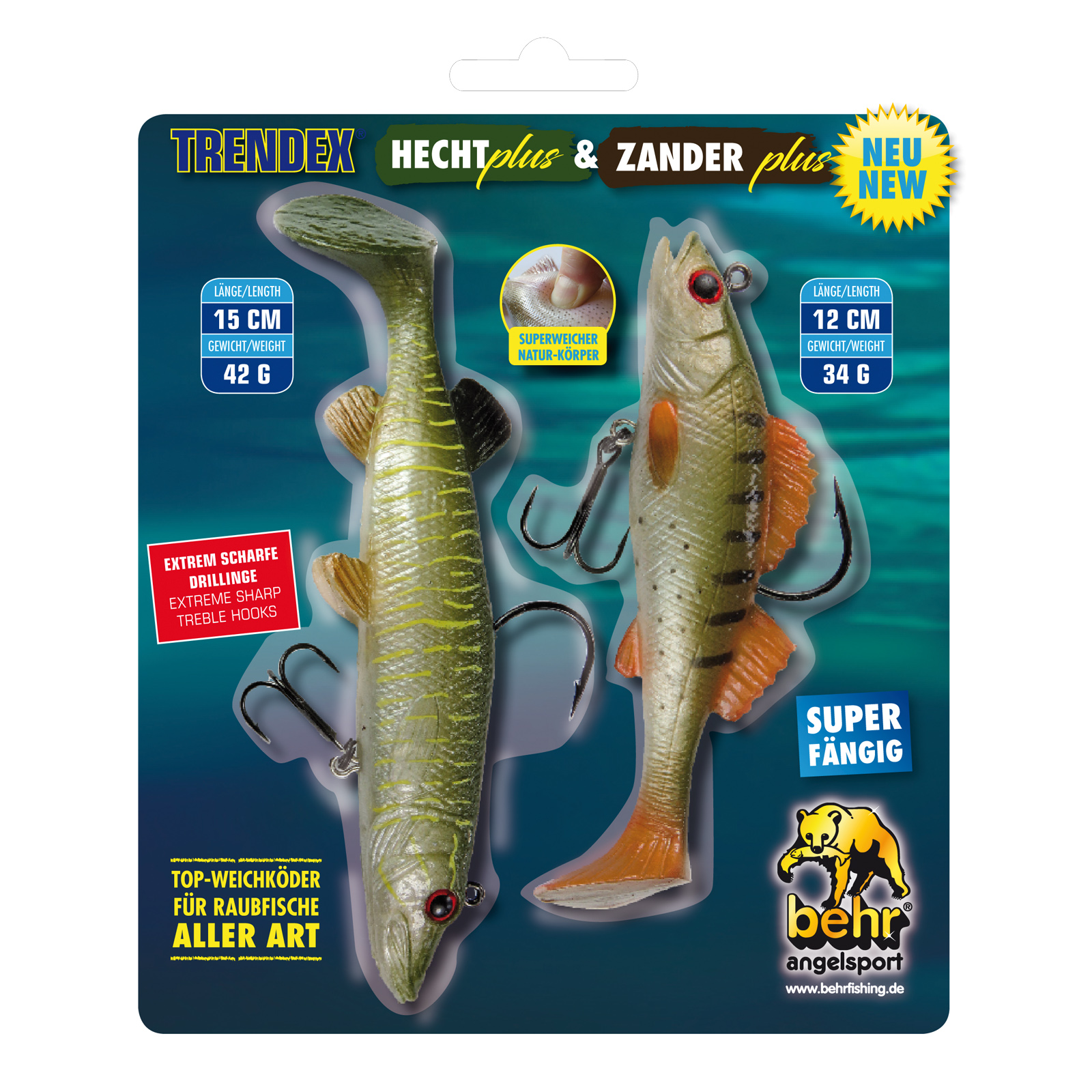 Trendex Hecht + Zander 3D Softbait Natur Köder 2er Set 15cm 12cm Doppel | Angel-Garage